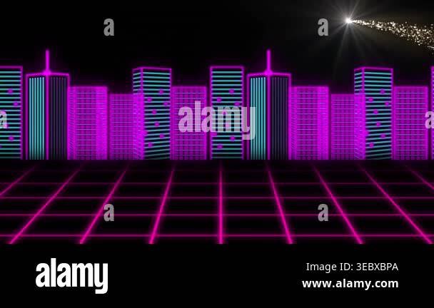 Animation of golden shooting star over grid network against 3d city ...