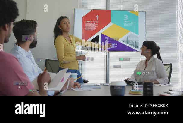 Presenter in yellow pointing at infographic and explaining business ...