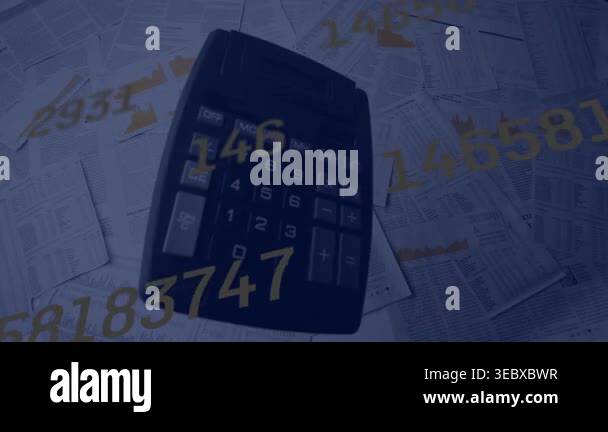 Animation of numbers floating over vintage calculator. Global finance ...