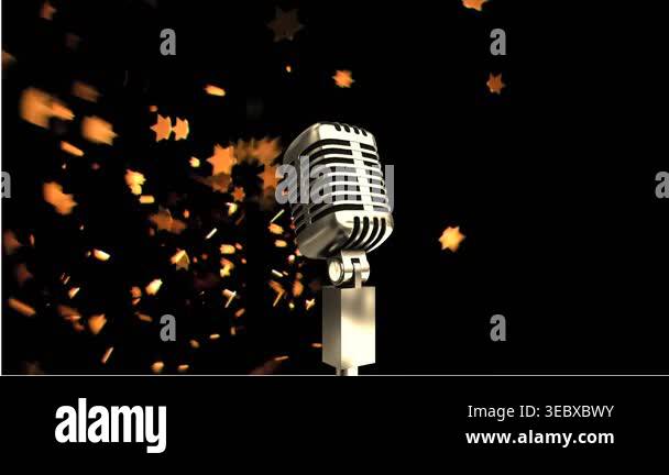 Animation of microphone over golden star icons falling against black ...