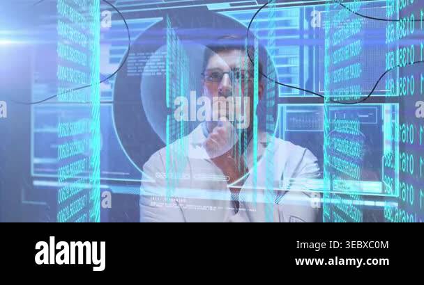 Animation of male scientist behind interactive computer screen ...