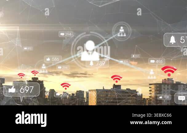 Animation of network of connections and social media icons over ...