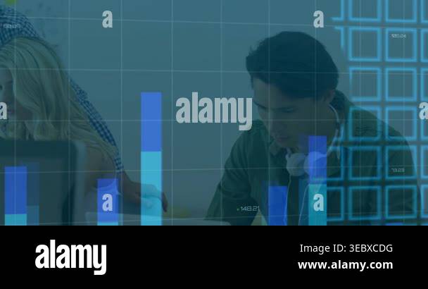 Animation of data processing and diagrams over caucasian business ...