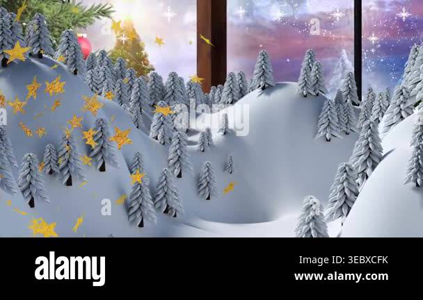 Animation of christmas trees, stars and snow falling over winter ...