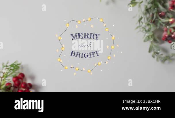 Animation of merry and bright text over christmas decorations ...
