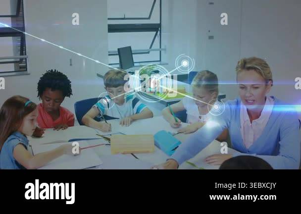Classroom teacher handing worksheet, nodes and lines emerging linking ...