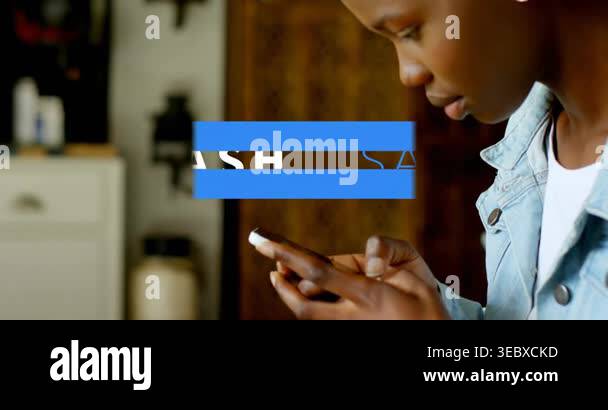 Animation of flash sale text and qr code over african american woman ...
