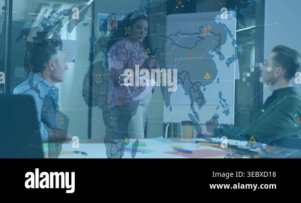 Mid-adult woman pointing at flipchart map and projecting data overlays ...