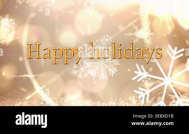 Happy holidays text animation over snowflakes and golden bokeh ...