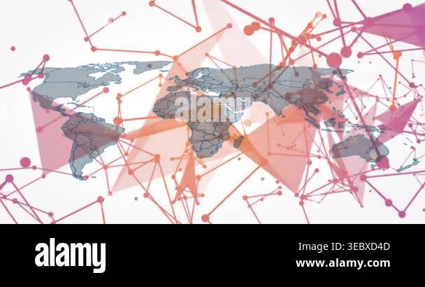 Overlaying network connections, abstract geometric shapes on world map ...