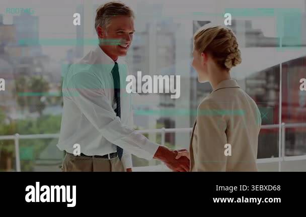 Animation of businessman handshake over office building. Global ...