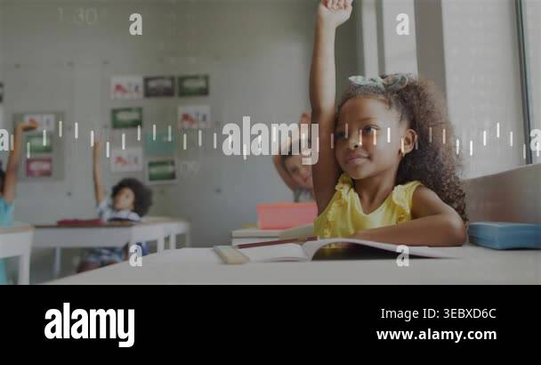 Girl raising hand seeking answer, notes open, peers raising, causing ...
