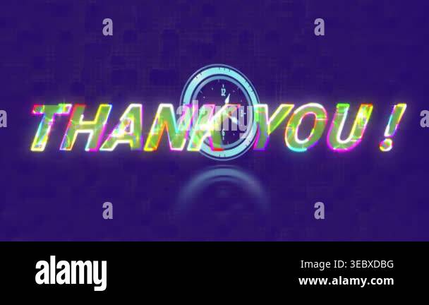 Animation of thank you text over clock on purple background. Video game ...