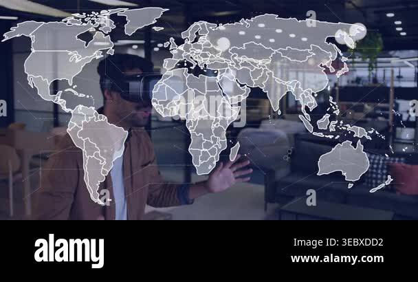 Man wearing VR headset reacting to overlay appearing in store ...