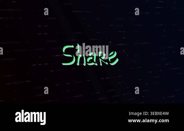 Animation of share text and data processing on black background. social ...