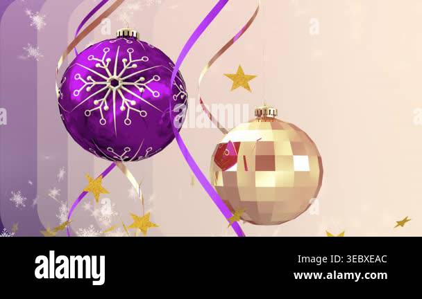 Animation of golden stars and snowflakes over christmas bauble ...