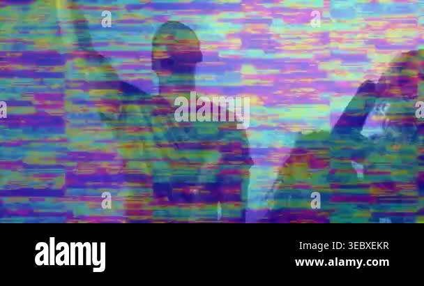 Group of friends dancing in neon glitch studio, showcasing pixelated ...