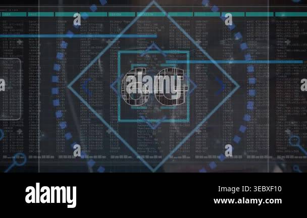 6g text and microprocessor connections against data processing on black ...