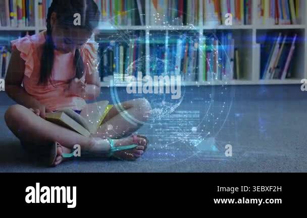 Girl reading in library, turning pages and activating 3D HUD globe over ...