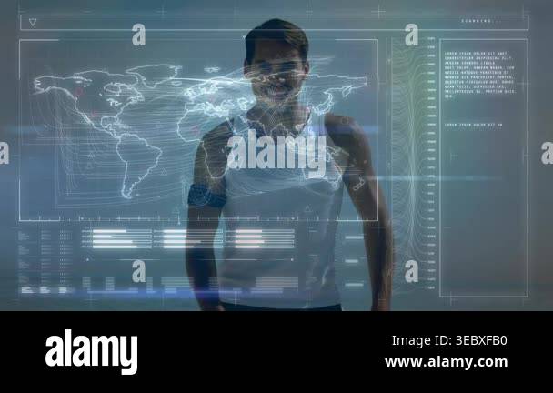 Animation of data processing over caucasian man smiling on beach ...