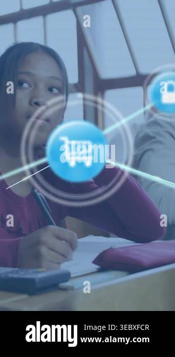 Vertical video: Student writing initiating cart and lock icons forming ...