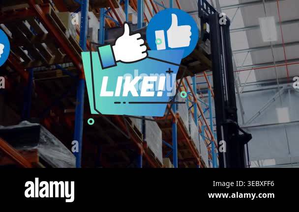 Animation of like text with icons over warehouse. Global shipping ...