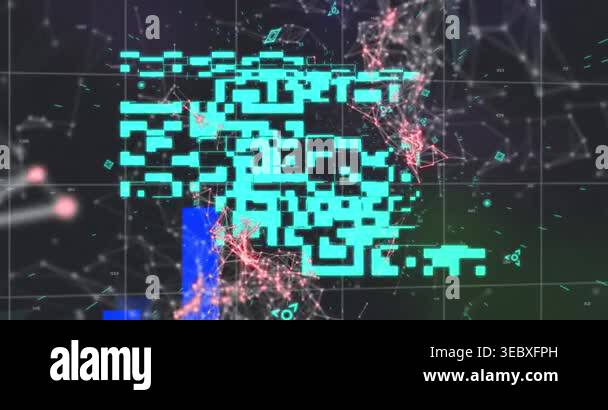 Animation of qr code over network of connections on black background ...