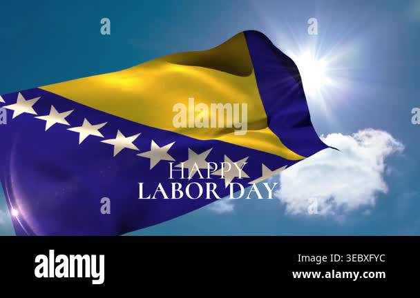Animation of happy labor day text over flag of bosnia and herzegovina ...