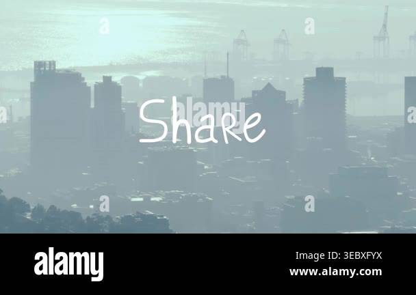Animation of share text banner against aerial view of cityscape. Social ...