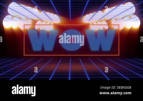 Animation of wow text over spot lights on black background. global ...