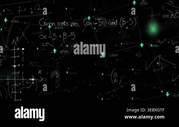 Animation of dots, math formulas and graphs on black background. Global ...
