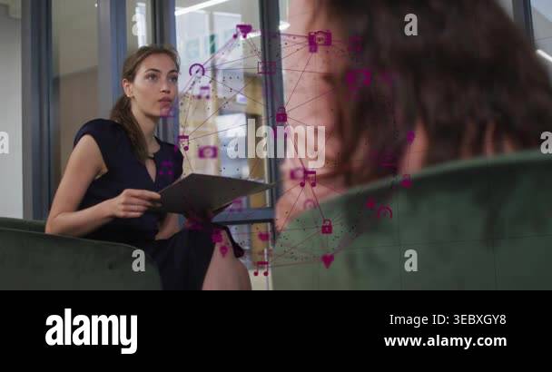 Interviewer referencing gray folder and starting business talk, purple ...