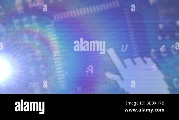 Animation of data processing and letters over computing board. Global ...