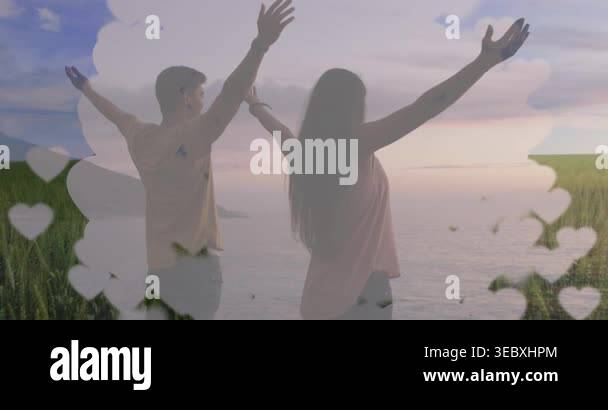 Animation of hearts over diverse group of friends at beach. Patriotism ...
