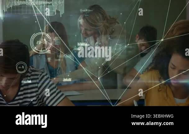 Animation of data processing over diverse students with teacher. Global ...