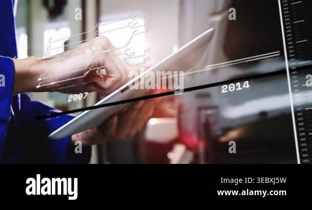 Hands tapping tablet initiating timeline overlays, swiping, second hand ...