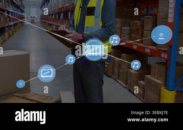 Warehouse worker checking inventory, digital media icons animation over ...