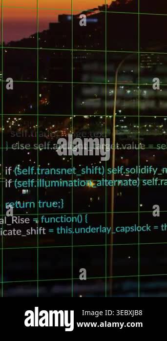 Vertical video: Sunset sparking green grid and scrolling code animating ...