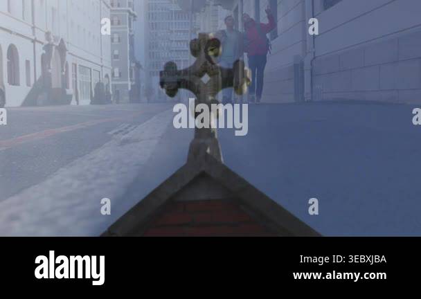 Two men approaching camera along snowy city sidewalk, design overlay ...