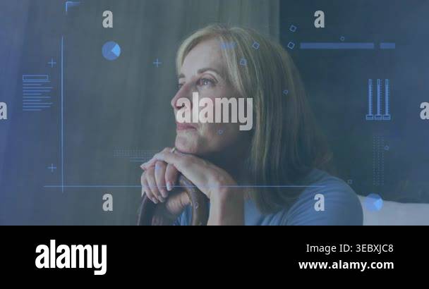Mature woman resting chin on chair back and gazing left, HUD overlays ...