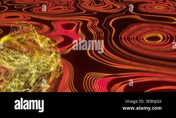 Animation of glowing orange mesh moving over waving multi coloured ...