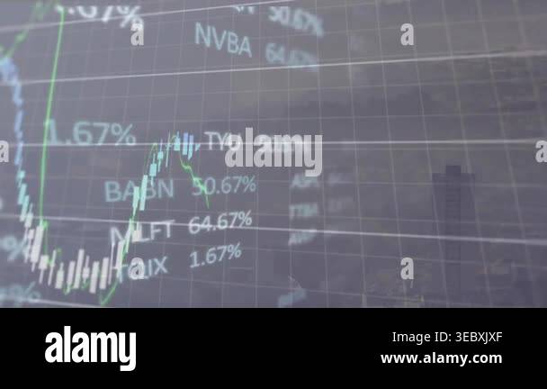 Animation of data processing with graph over cityscape. Global ...