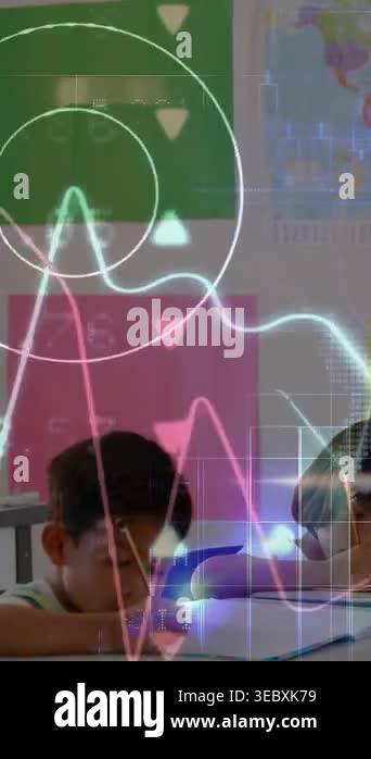 Vertical video: School boy reaching pen to glow after neon HUD sweeping ...