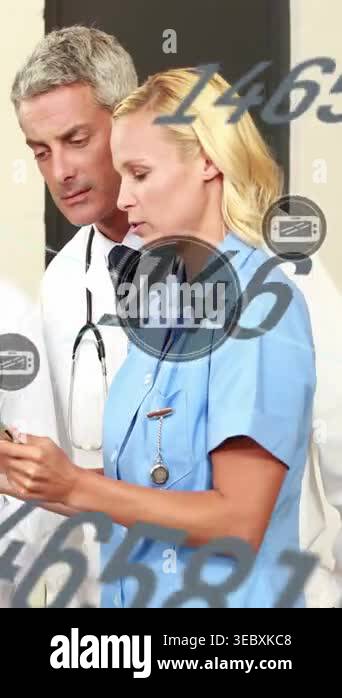 Vertical video: Nurse tapping phone causing digits and icons doctor ...