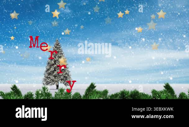 Animation of happy christmas text over snow falling and sky with clouds ...