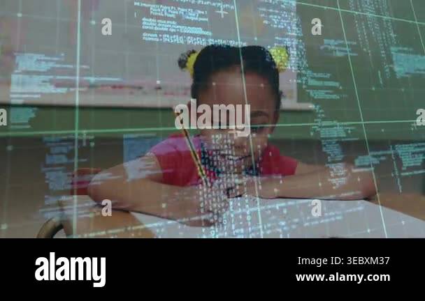 Girl writing at class desk pencil touching paper as code overlay ...