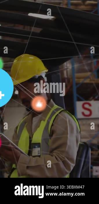 Vertical video: Warehouse worker tapping tablet at forklift as HUD ...