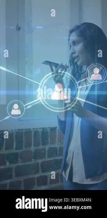 Vertical video: Woman speaking into phone, initiating growing icons and ...