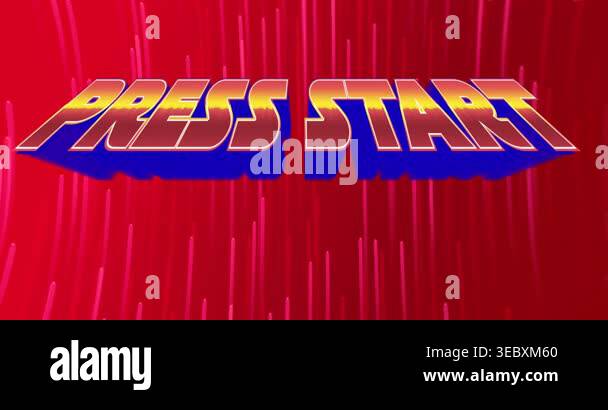 Animation of press start text over light trails. Social media and ...