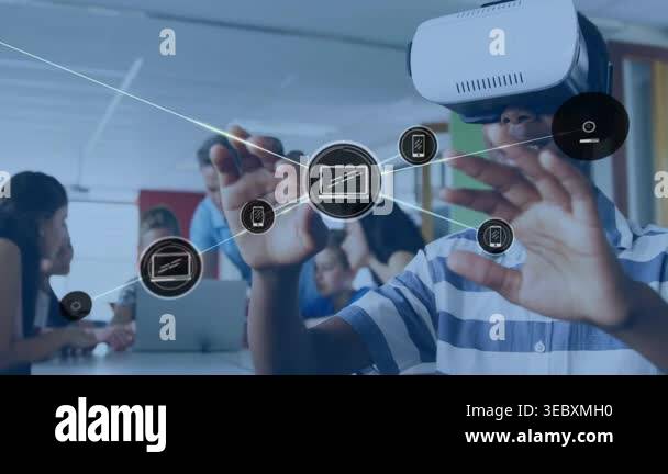 Student in VR headset reaching forward moving single appearing icon and ...